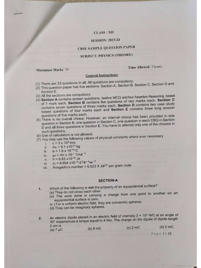 Physics Sample Paper | PDF