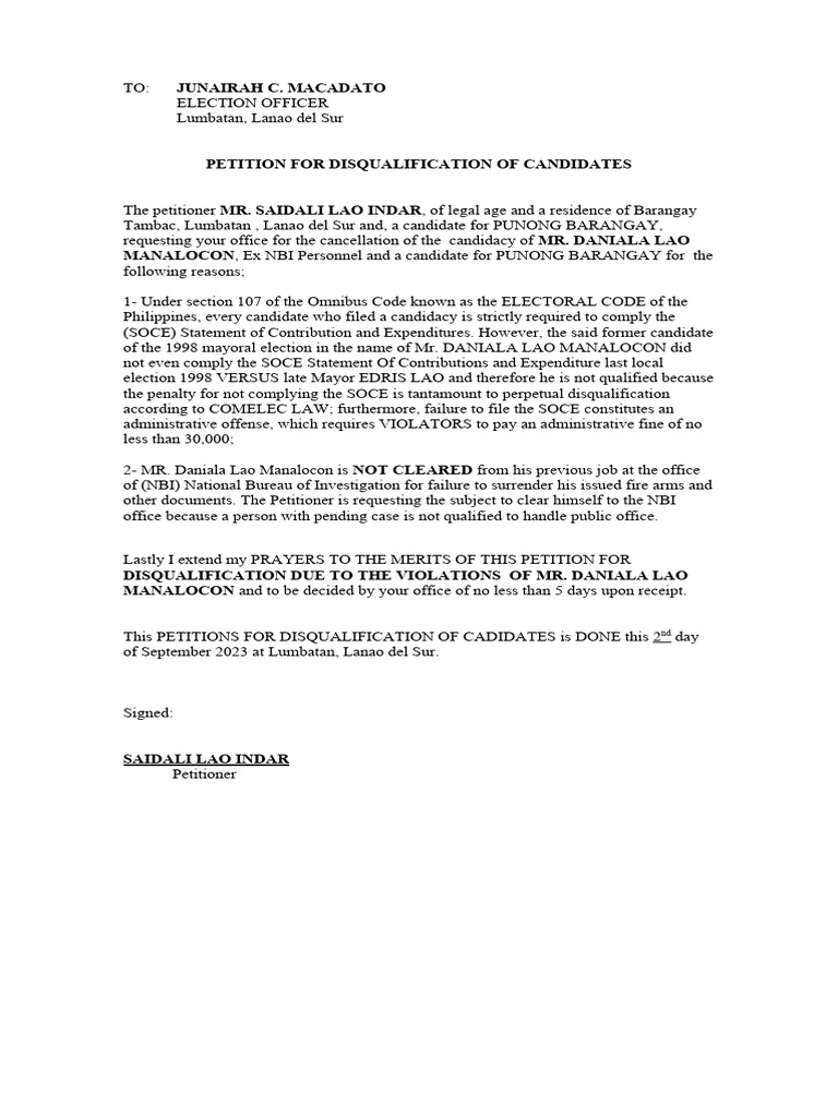 Danny Manalocon Disqualification of Candidacy | PDF | Social Science