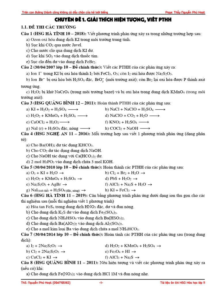 Chuyên Đề 1 - Giải Thích Hiện Tượng, Viết Phương Trình Hóa Học | PDF