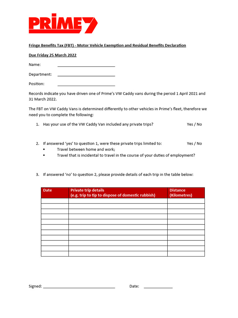 FBT Motor Vehicle Exemption Form | PDF