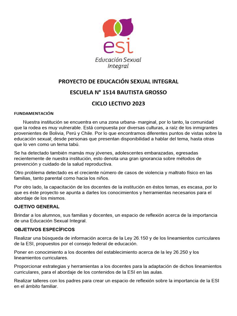 PROYECTO DE EDUCACIÓN SEXUAL INTEGRAL | PDF | Educación sexual | Enseñando
