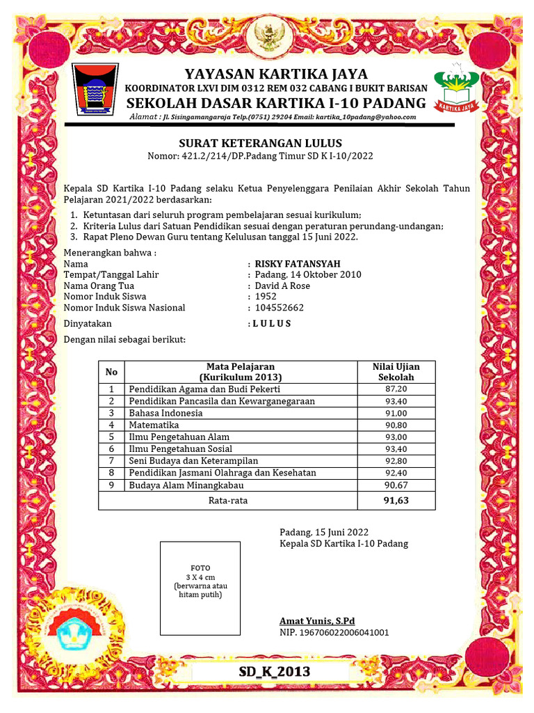 Contoh SKL SD - 2022 | PDF