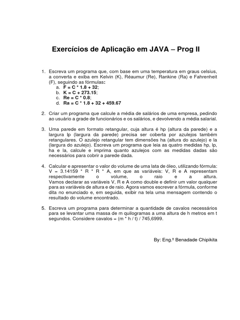 Exercícios de Aplicação em JAVA | PDF