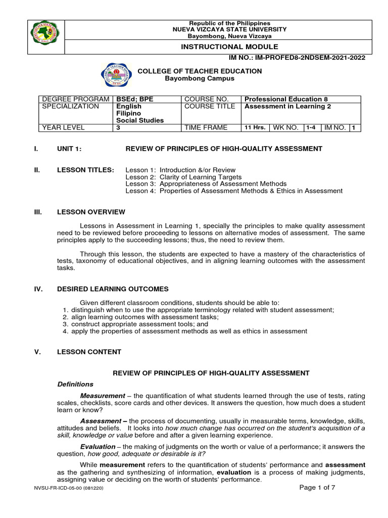AL2-Module1-Review of Principles of Assessment | PDF | Educational ...