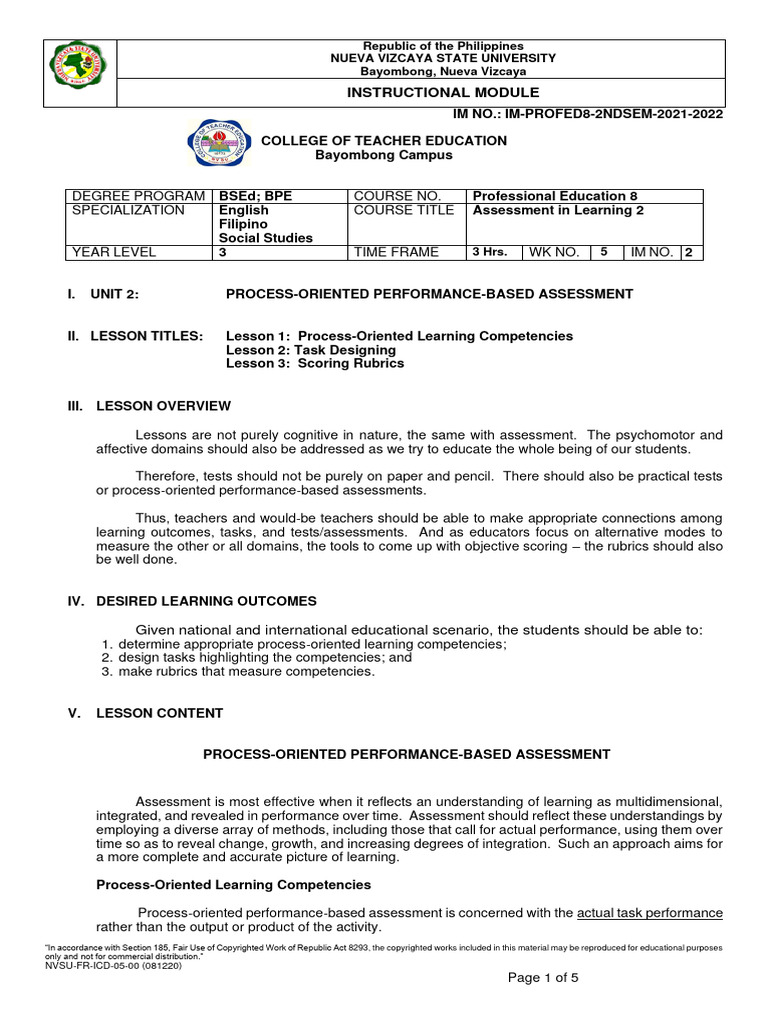AL2-Module2-Process-Oriented-Performance-Based Assessment | PDF | Rubric (Academic) | Learning