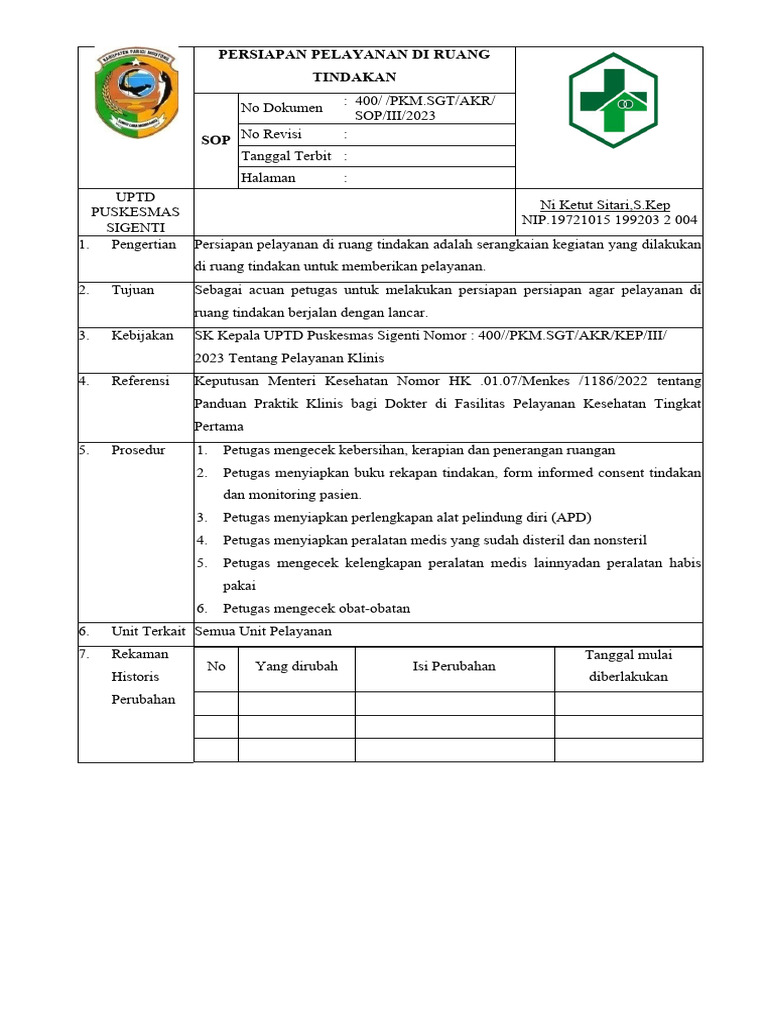 SOP Ruang Tindakan | PDF