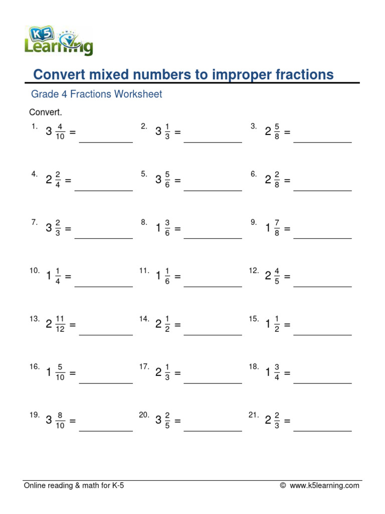 Grade 4 Mixed to Improper Fractions Worksheet | PDF | Signal Processing ...