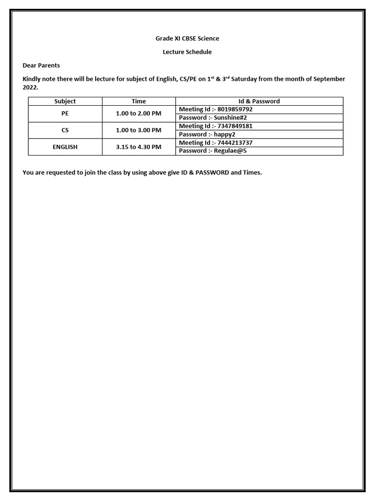 Grade XI CBSE Sciecne Lecture Schedule | PDF