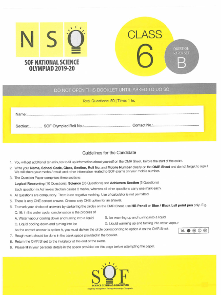NSO - Class 6 - 2019-20 Paper | PDF
