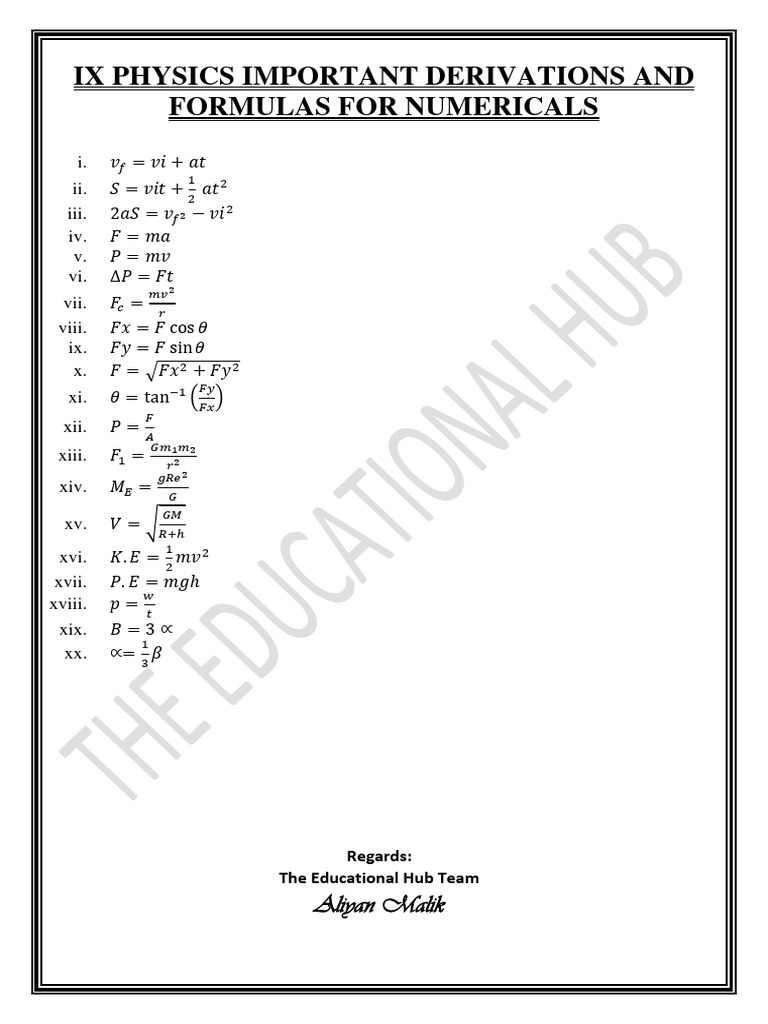 Key Physics Formulas And Derivations Pdf