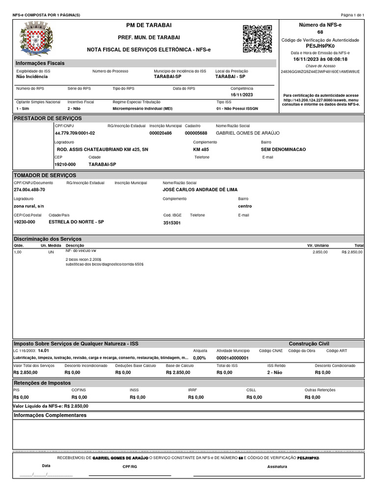 NFS-e 68 16 11 2023 | PDF | Brasil | Pagamentos