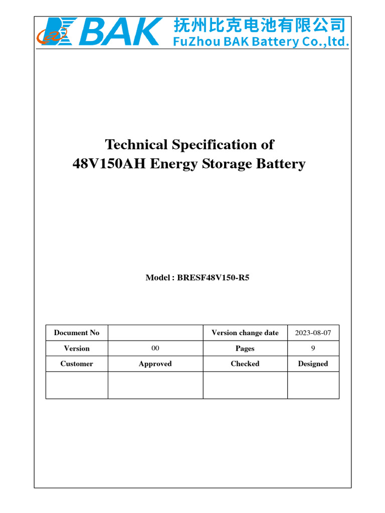 BTESF48V150 R5 CAN Energy Storage BatteryTechnical Specification BAK ...