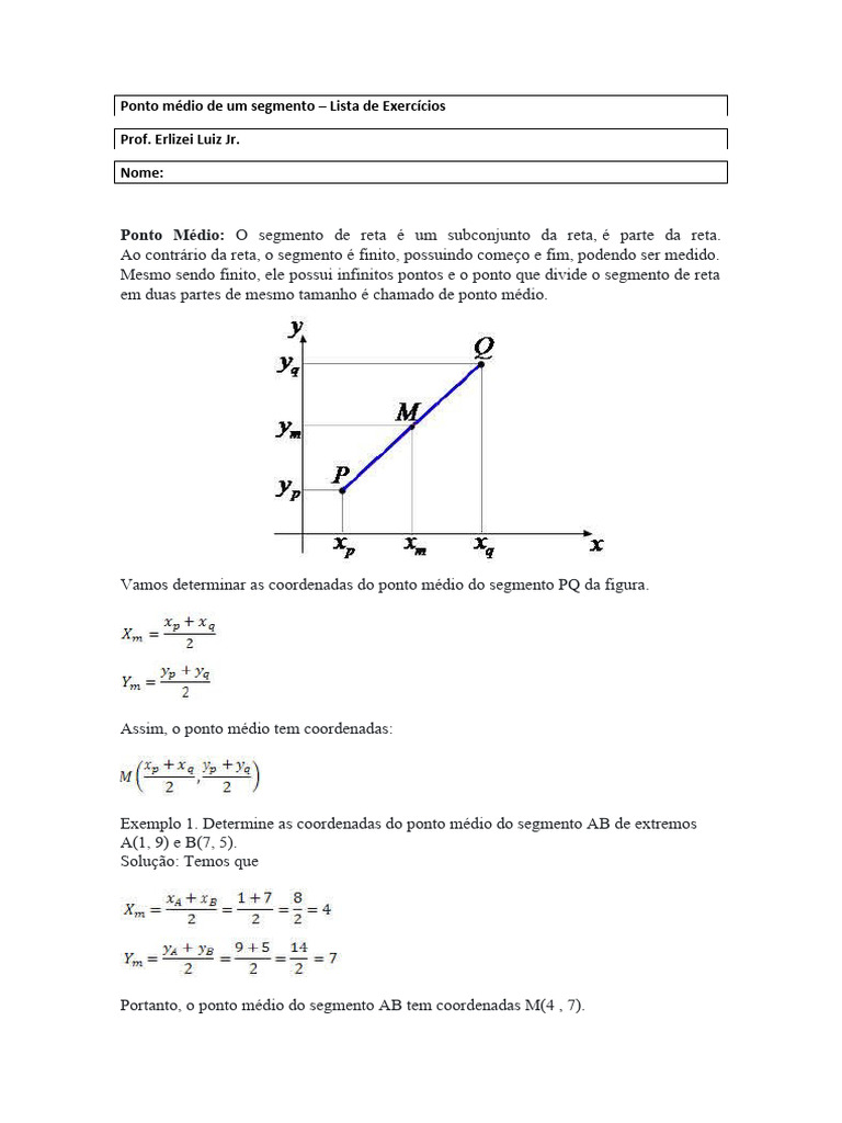 Ponto Médio de Um Segmento - Lista 9º Ano | PDF
