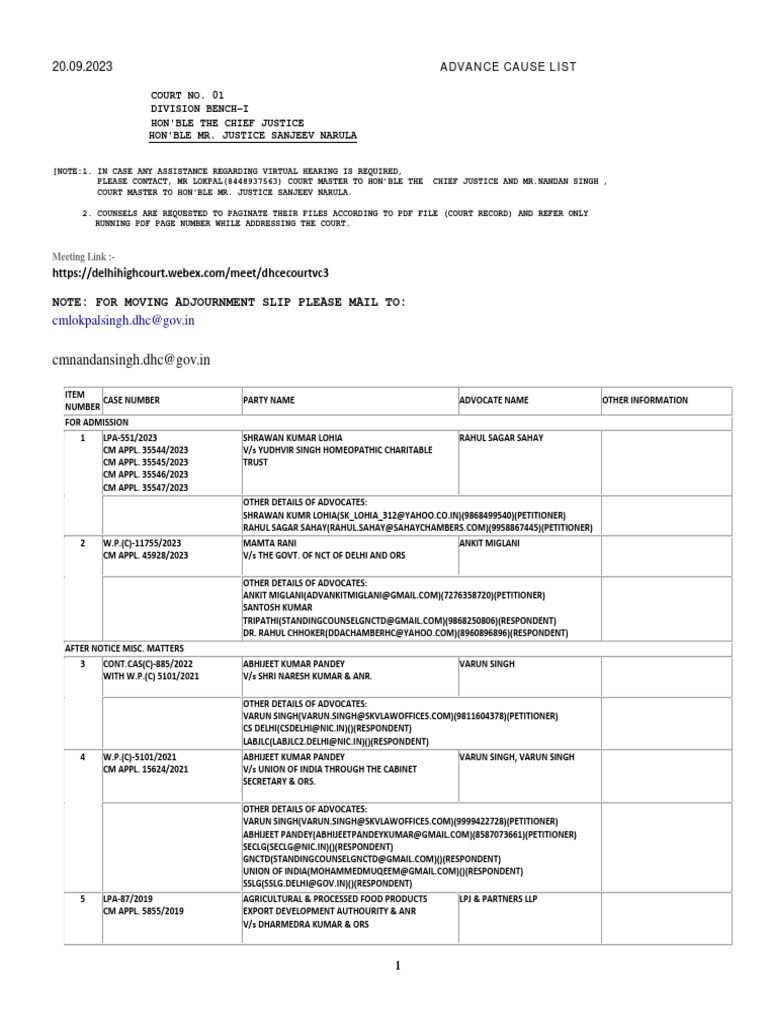 Delhi High Court Advance Cause List | PDF | Government Of India