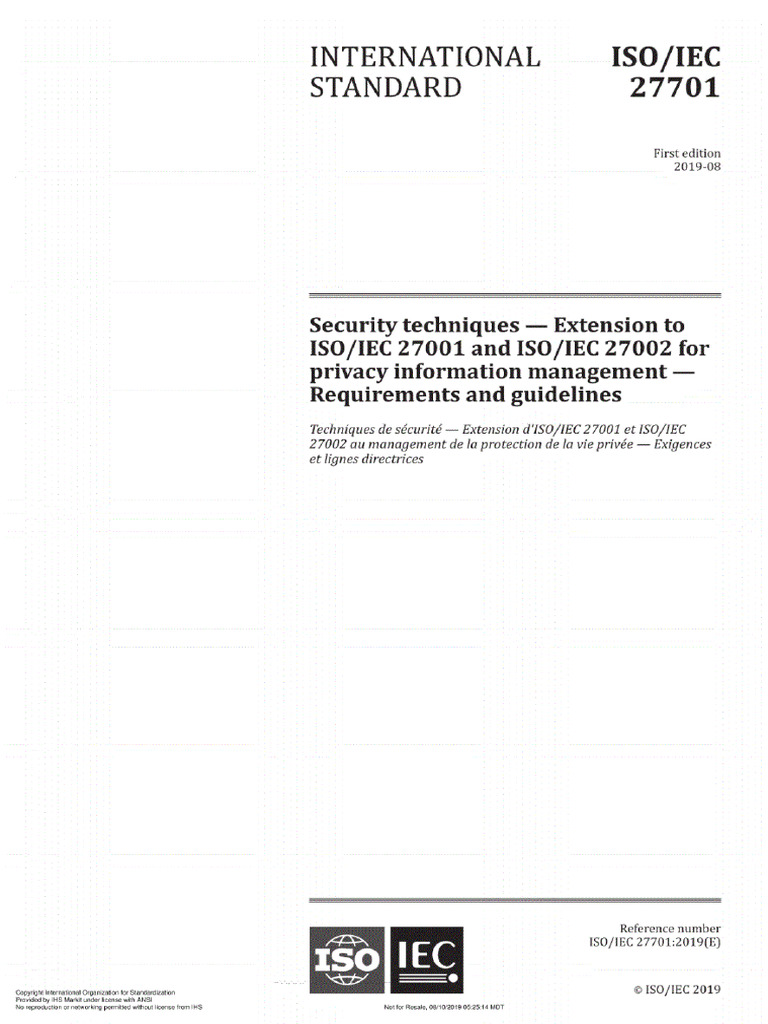 ISO - 27701-2019 Extension To ISOIEC 27001 and ISOIEC 27002 For Privacy ...