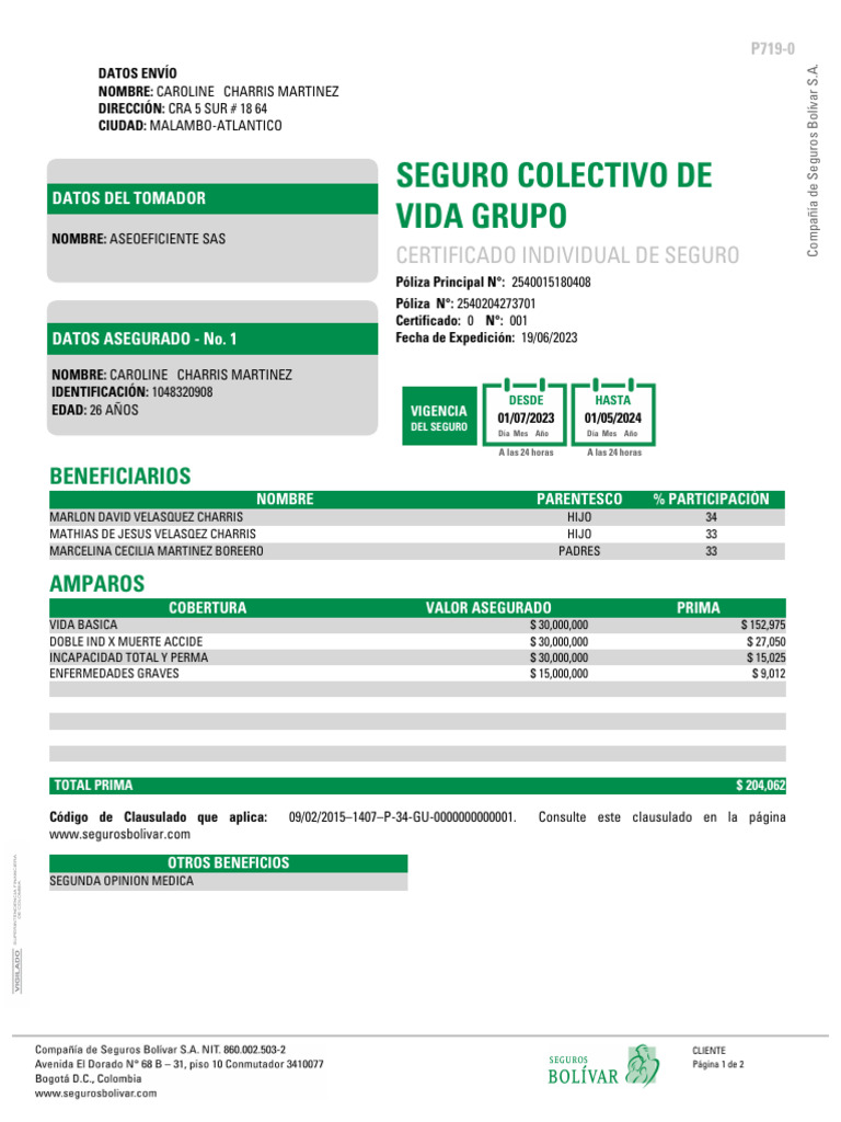 Póliza-Vida - Grupo Plan Creciente-2540204273701 | PDF | Póliza de ...