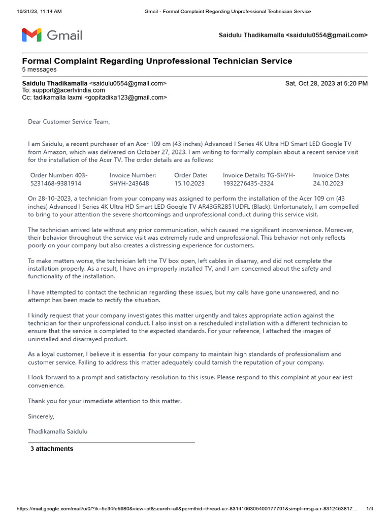 Gmail - Formal Complaint Regarding Unprofessional Technician Service ...