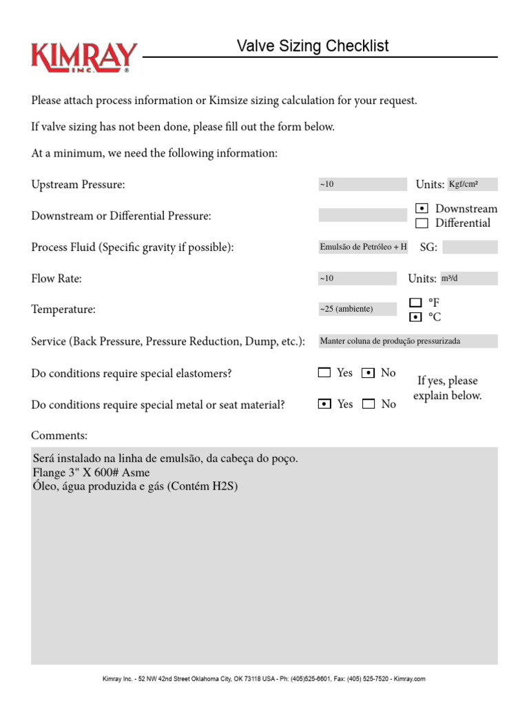 Kimray Valve Sizing Checklist | PDF