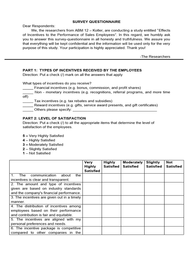 Questionnaire | Download Free PDF | Incentive | Organizational Behavior