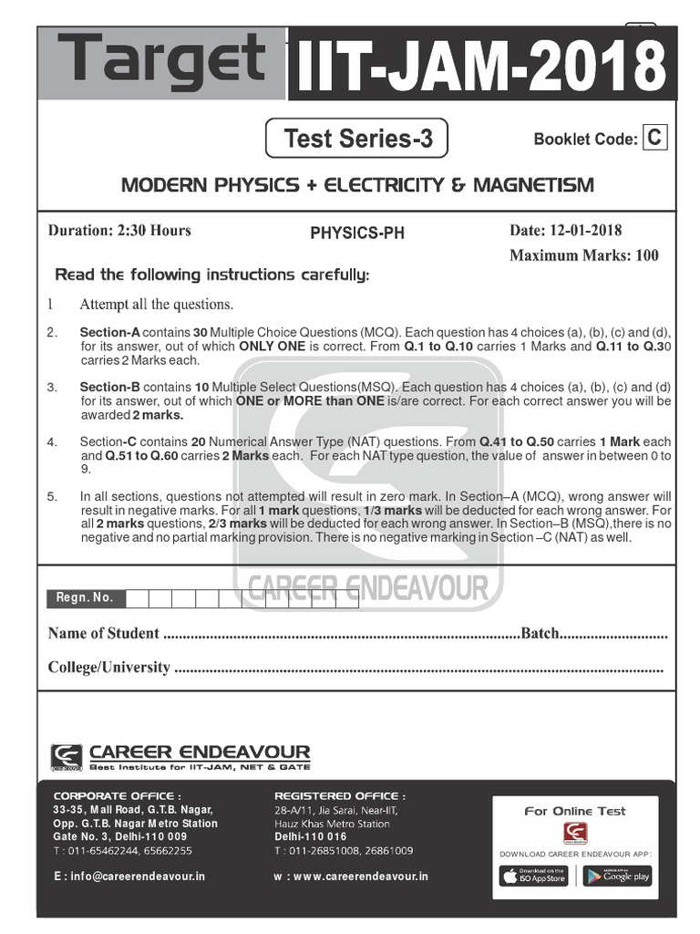 JAM Test Series 3 of Career Endeavour | PDF | Electron | Electric Field
