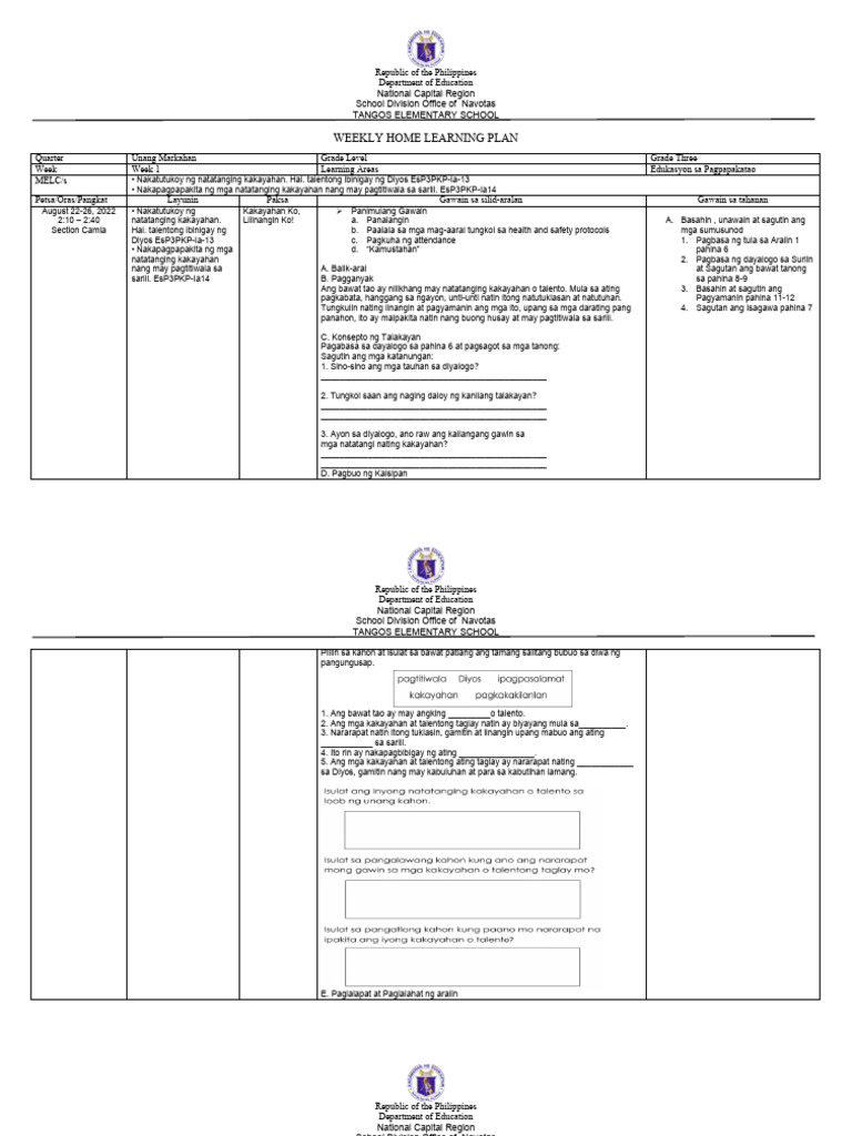 WEEKLY-LEARNING-PLAN-WEEK 1-ESP-CARLYN | PDF