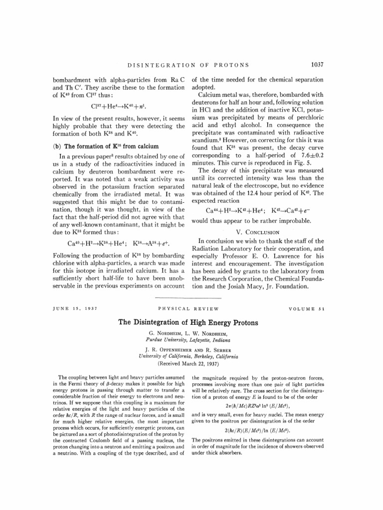 Oppenheimer, Robert The Disintegration of High Energy Protons 1937 ...