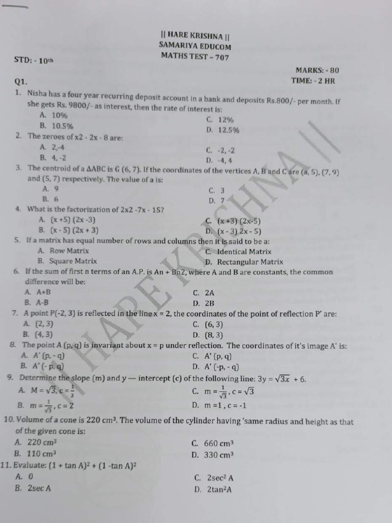 ICSE Maths Prelims Hare Krishna | PDF