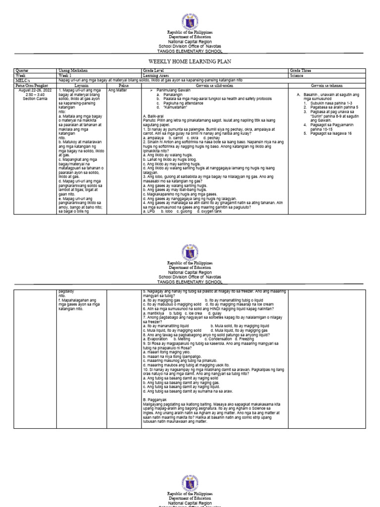 Weekly-Learning-Plan-Week 1-Science-Carlyn | PDF