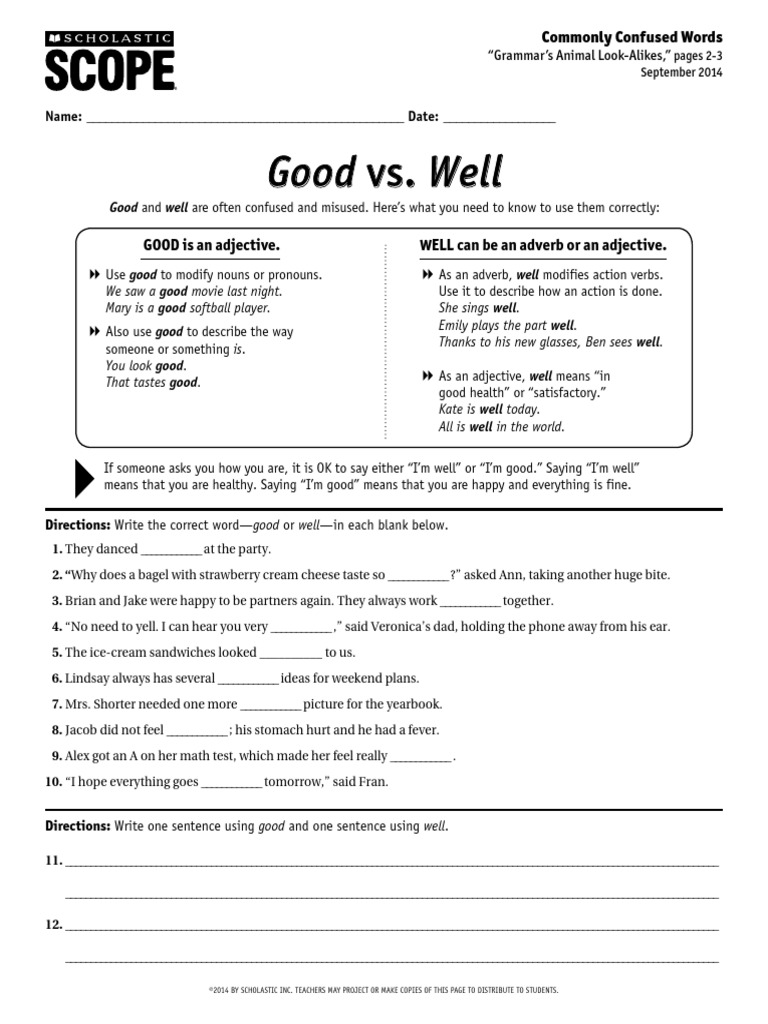 Good Vs Well (Worksheet Theory+ Practice) | PDF | Adjective | Adverb