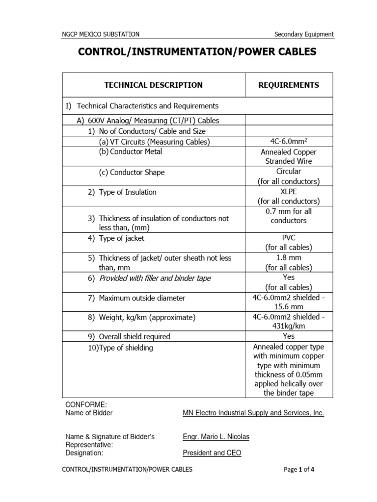 Control and Instrumentation Cables | PDF | Electrical Conductor ...