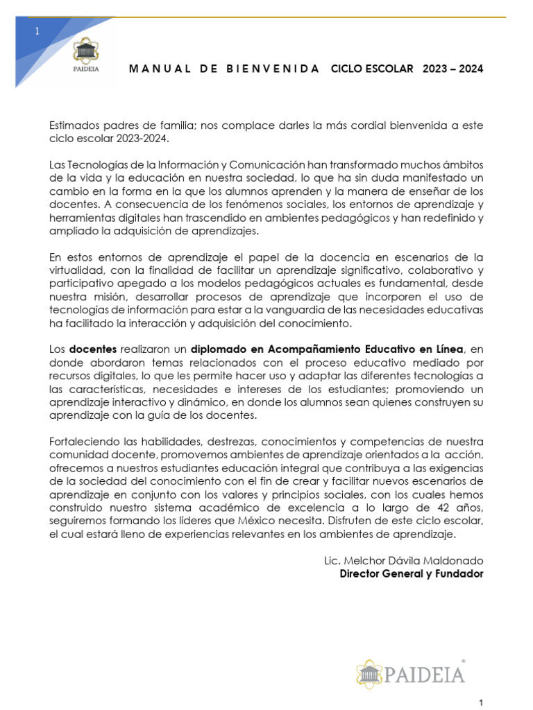 Manual de Bienvenida Padres de Familia 2023-2024 | Descargar gratis PDF ...