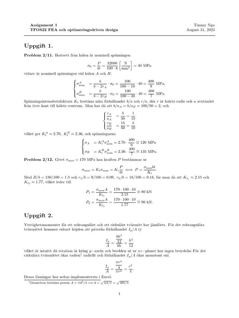 TFOS22 FEA Och Optimeringsdriven Design Assignment 1 | PDF TFOS22 FEA Och Optimeringsdriven Design Assignment 1 | PDF