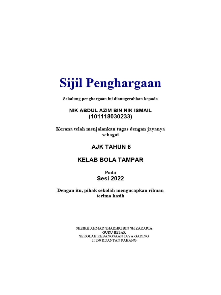 Template Sijil Penghargaan Kokurikulum | PDF Template Sijil Penghargaan Kokurikulum | PDF