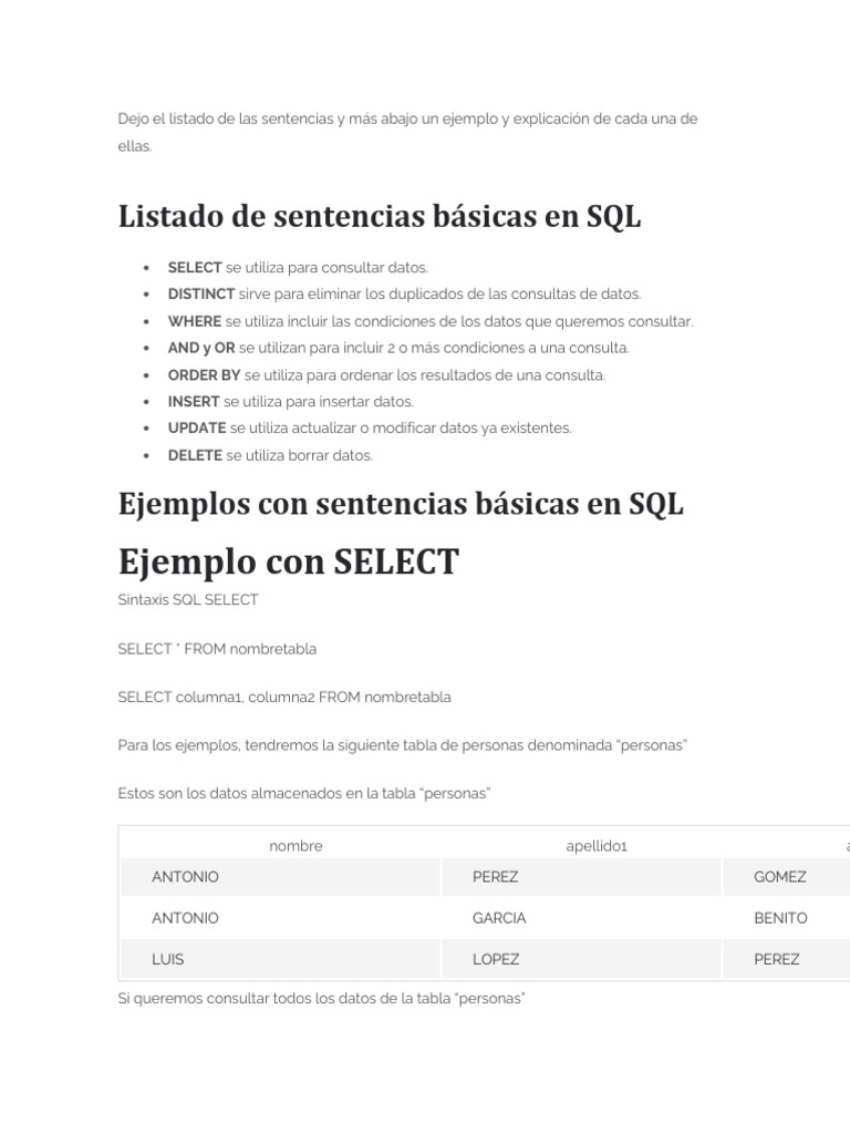 Sentencias Basicas En Mysql Pdf Sql Recuperación De Información