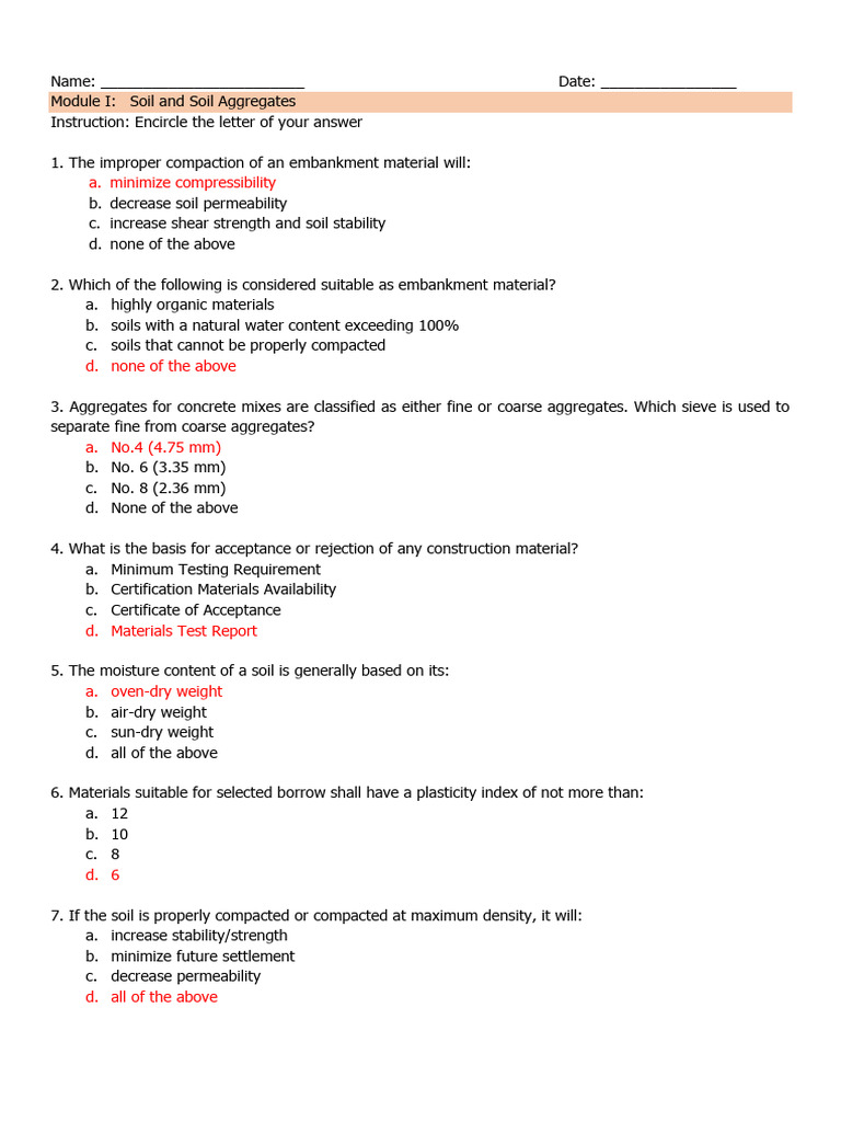 Soil Questionnaire WITH ANSWERS August 2021 | PDF | Soil | Earth Sciences