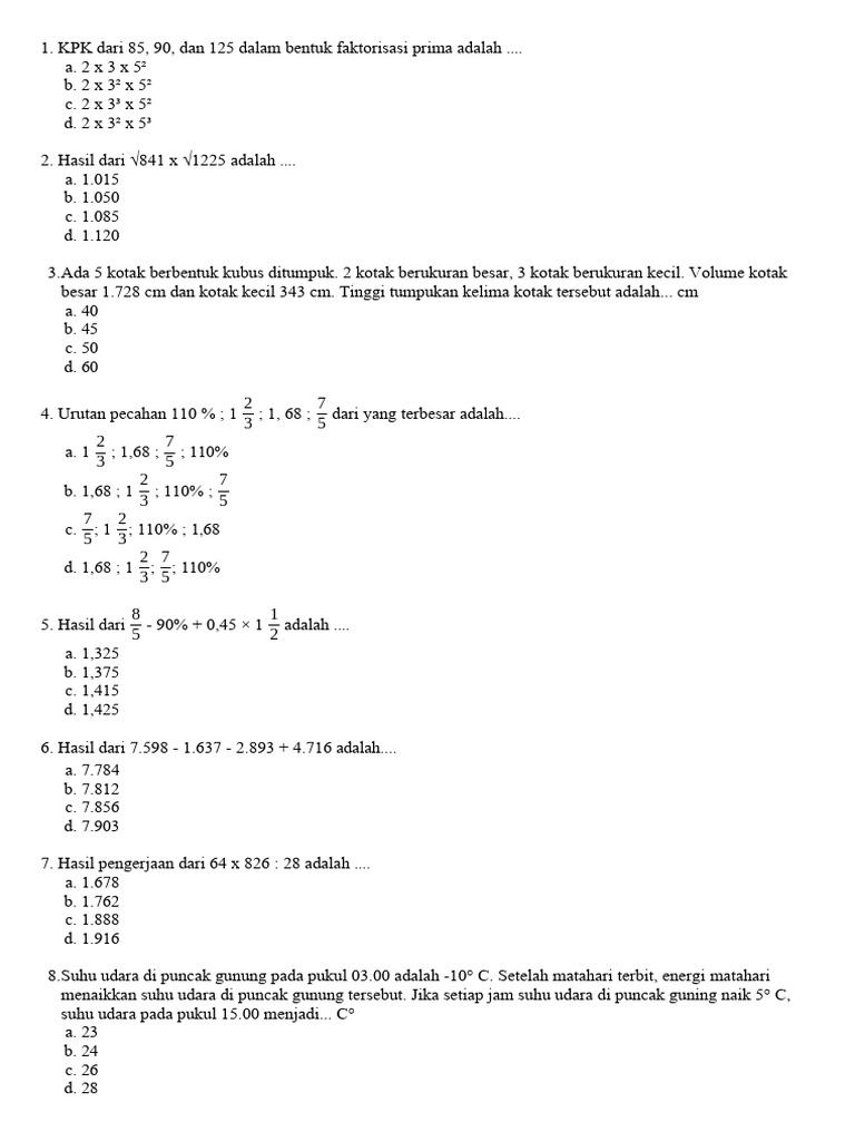 Latihan Soal Ujian Kelas 6 2023 Matematika Pilihan Ganda | PDF