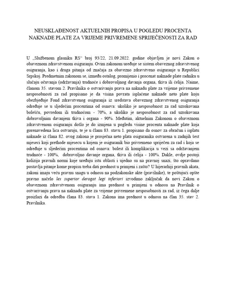 Neusklađenost Aktuelnih Propisa U Pogledu Procenta Naknade Plate Za Vrijeme Privremene ...
