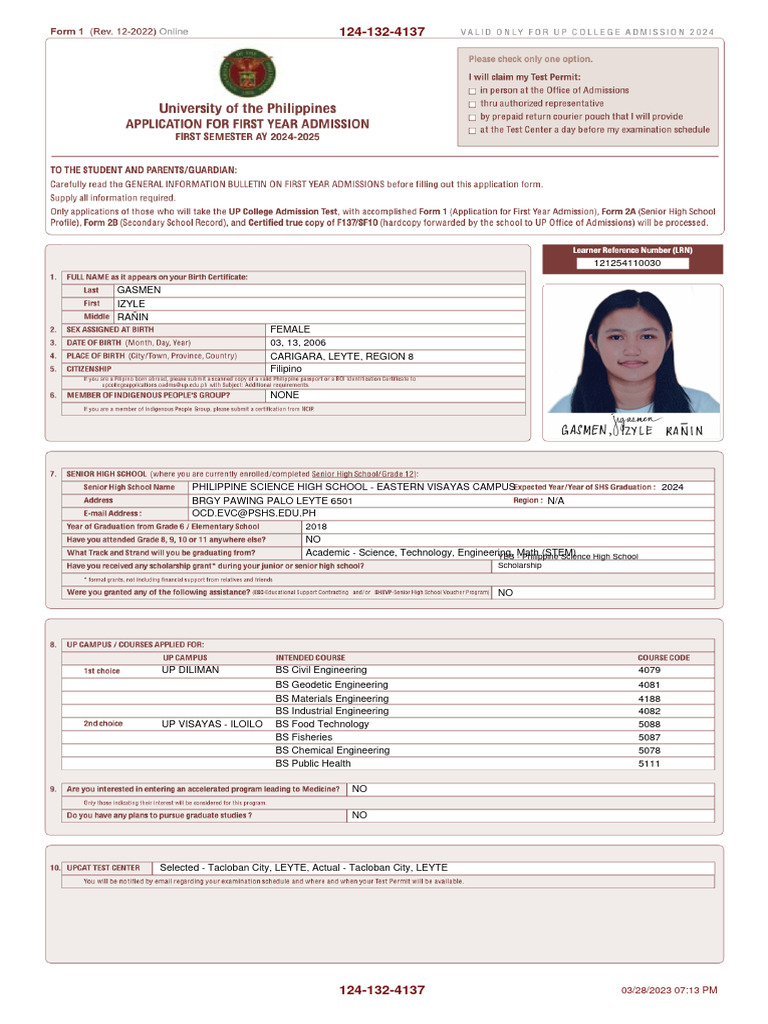 Upcat 2024 Form1 1241324137 | PDF | School Types | Schools
