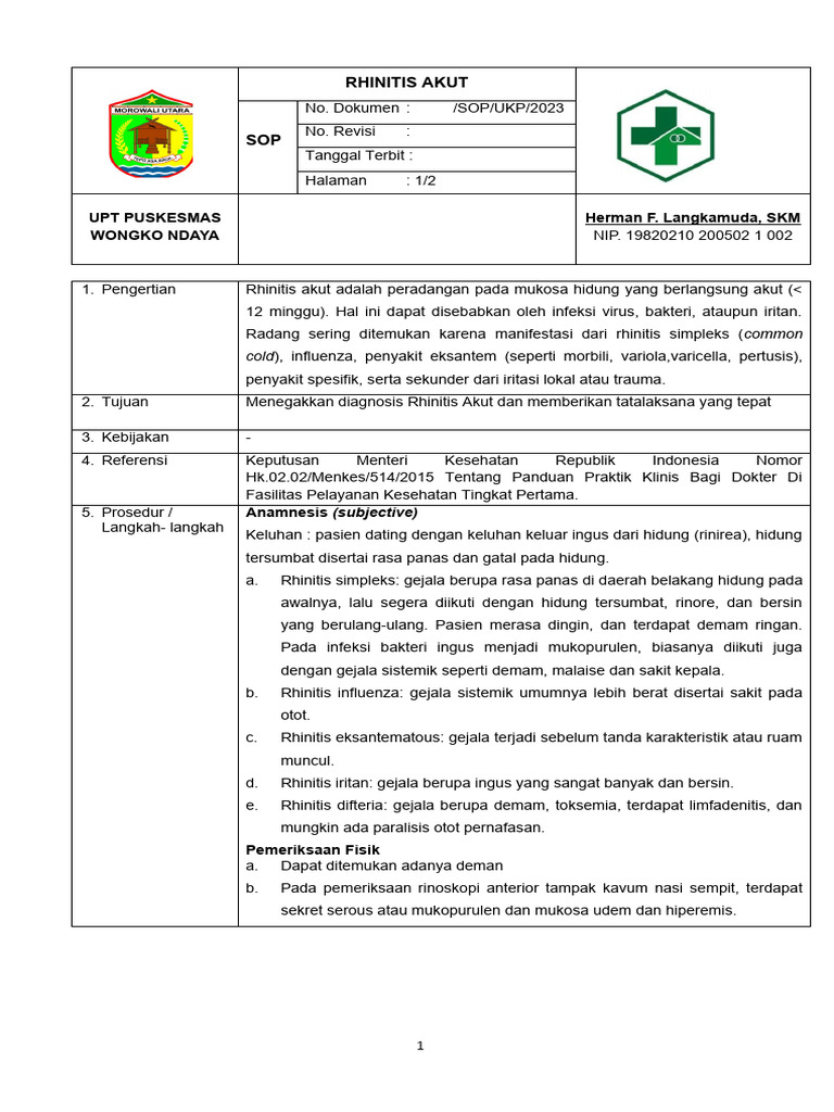 Panduan SOP Rhinitis Akut | PDF