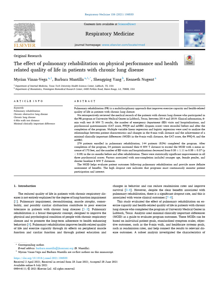 The Effect of Pulmonary Rehabilitation On Physical Performance and Health Related Quality of ...