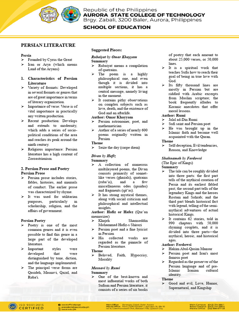 Persian Literature Handout | PDF | Persian Literature | Poetry