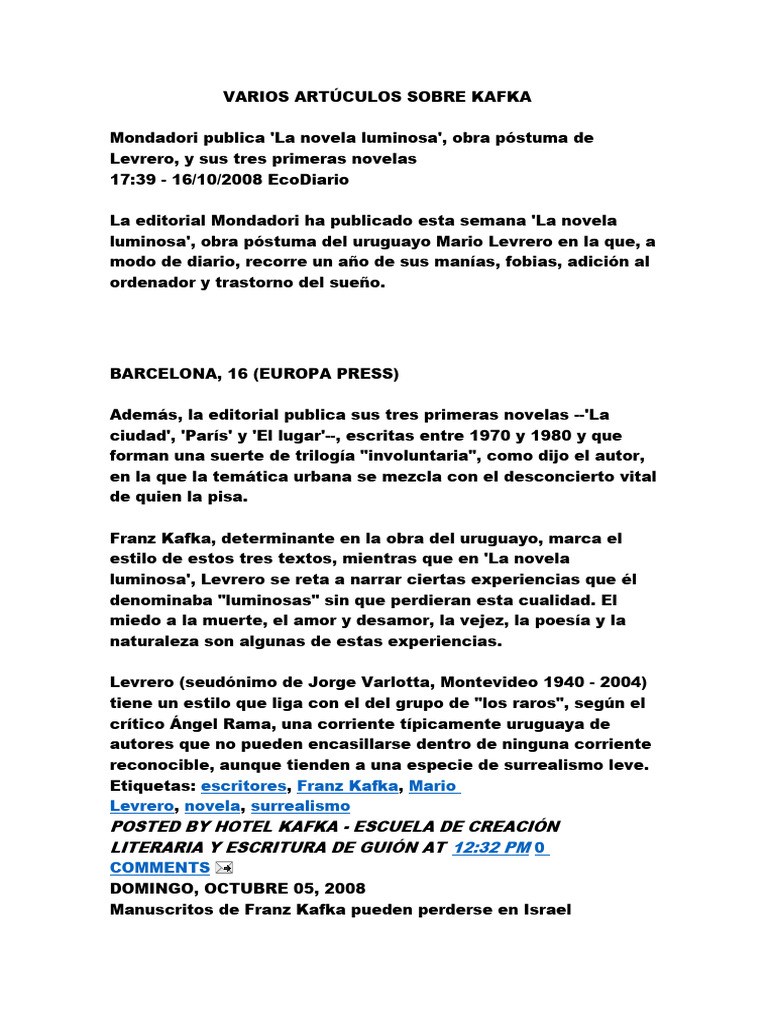 Las Coincidencias Entre Kafka y Mario Levrero. | PDF | Franz Kafka | La ...