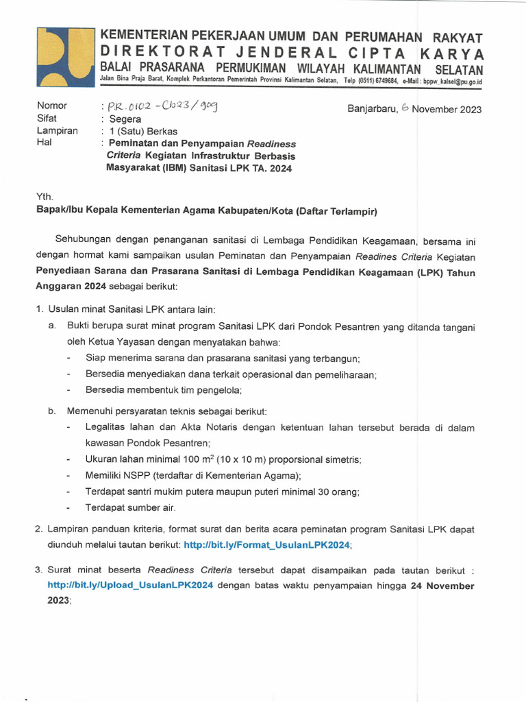 Permintaan Dan Penyampaian RC Kegiatan IBM Sanitasi LPK TA 2024 | PDF