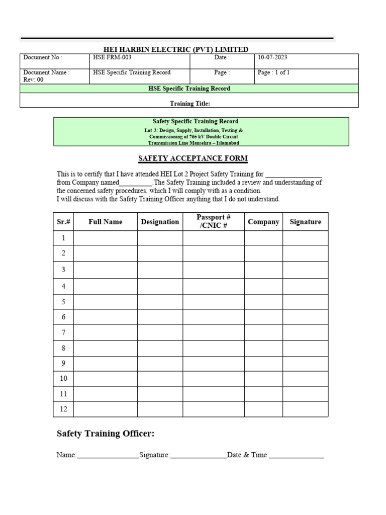 Safety Training Record for HEI Project | PDF