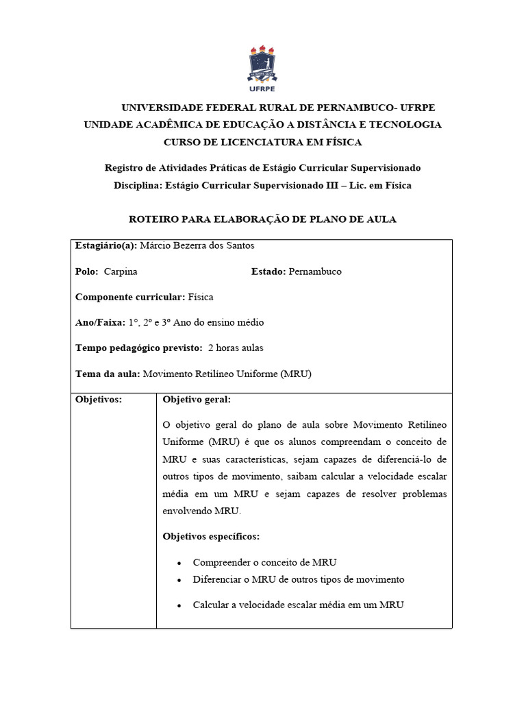 Plano de Aula 01 (MRU) | PDF | Velocidade | Trajetória