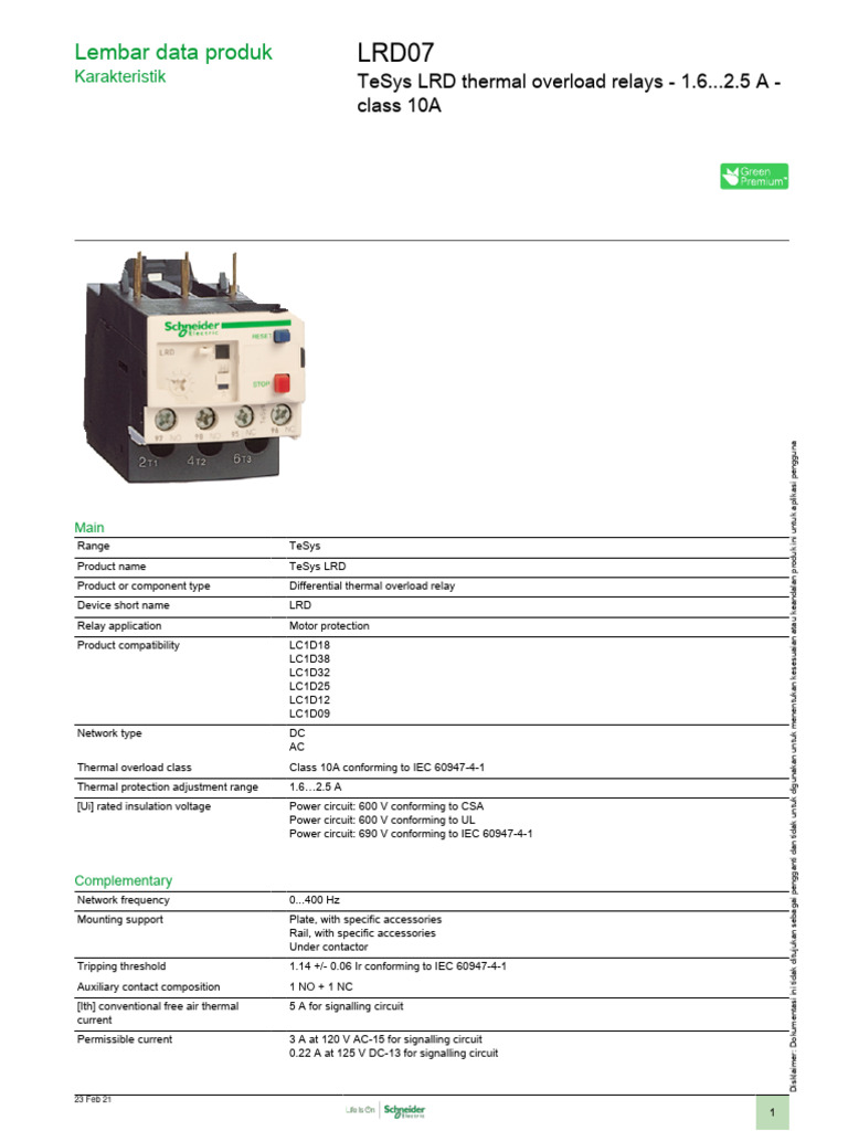 50 Overload Relay, Type TeSys LRD_LRD07 | PDF | Relay | Electromagnetism