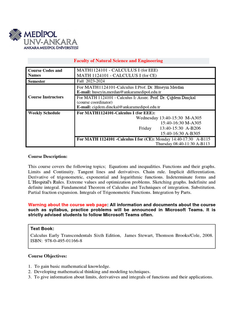 Syllabus For Calculus I 2023 2024 Fall Semester Revised Pdf Derivative Function Mathematics