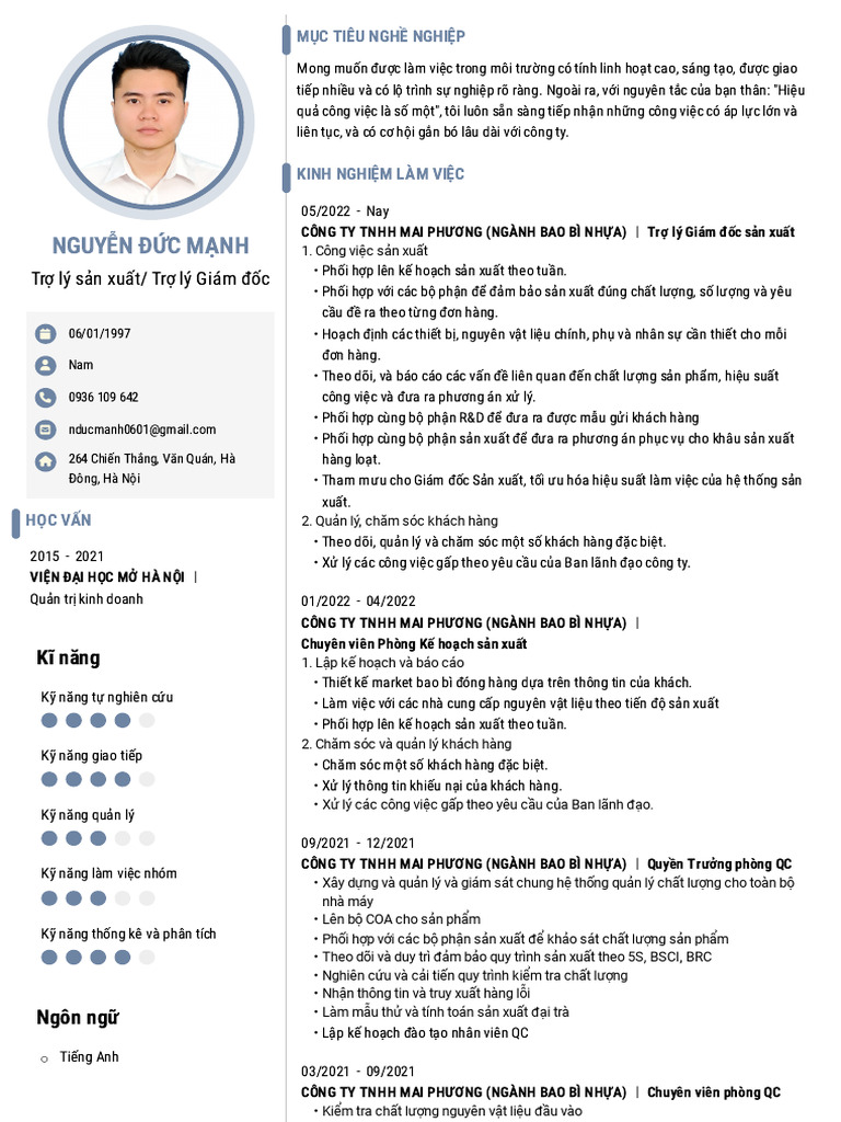 CV Nguyen Duc Manh - Tro Ly Giam Doc San Xuat - VIE | PDF