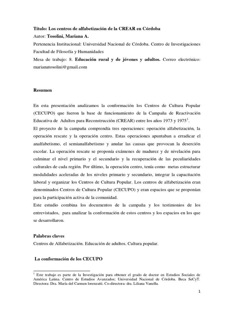 Tosolini Los Centros de Alfabetizaci N de La CREAR en C Rdoba | PDF | Literatura | Trabajo Social