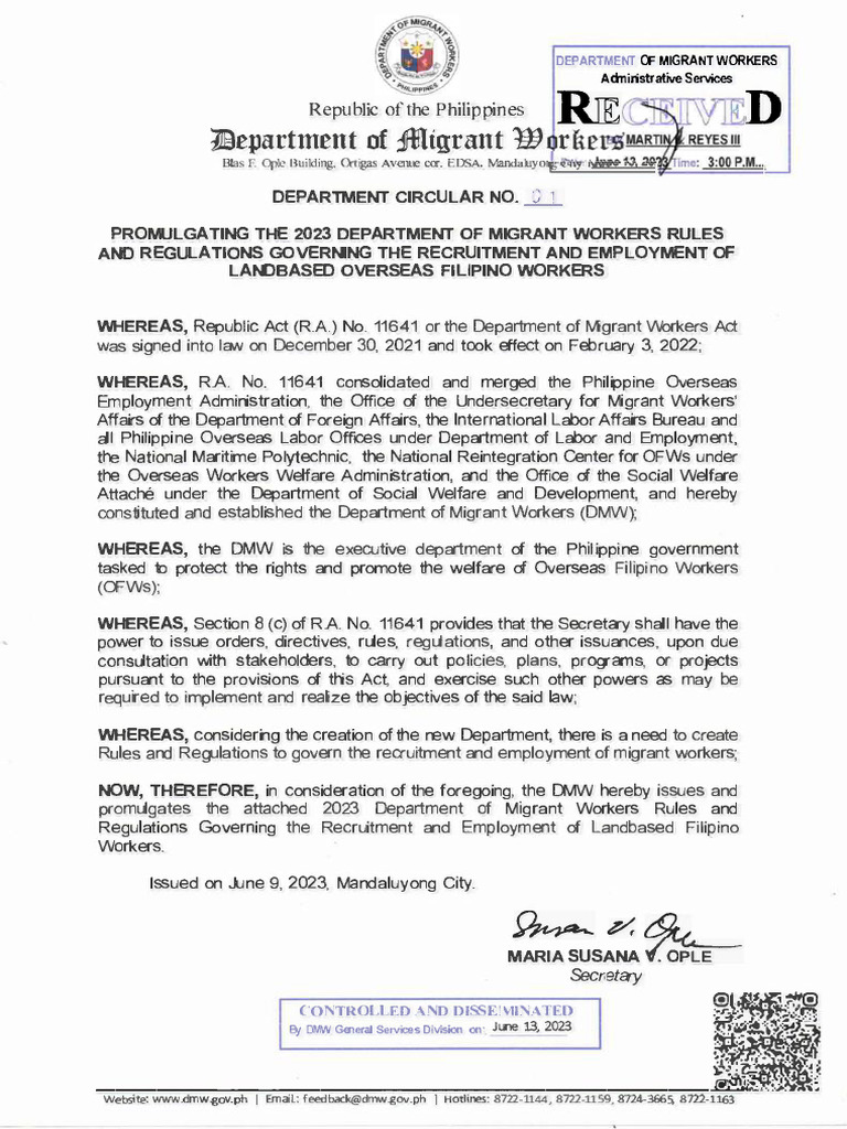 2023 DMW Rules for Landbased Workers | PDF | Employment | Recruitment